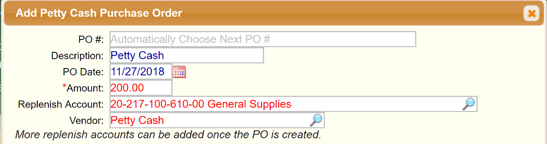 Creating an Initial Petty Cash Purchase Order : SchoolFi Support