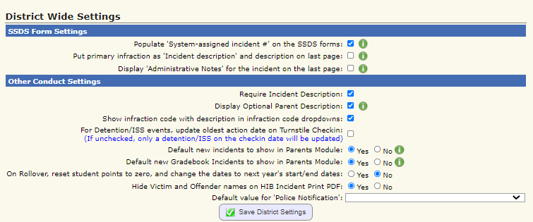 Conduct Settings : Genesis SIS Support