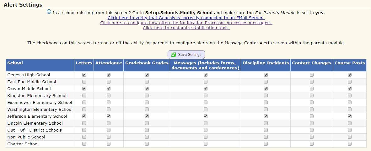 Alert Settings : Genesis SIS Support
