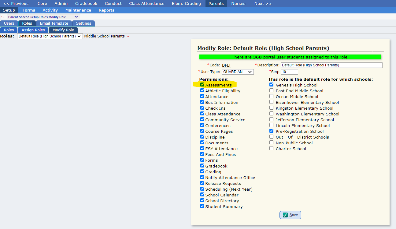 Assessment Settings for the Parent Portal : Genesis SIS Support