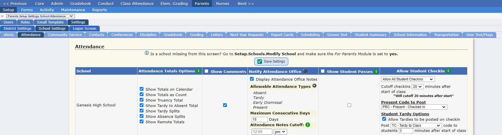 Attendance Settings for the Parent Portal : Genesis SIS Support