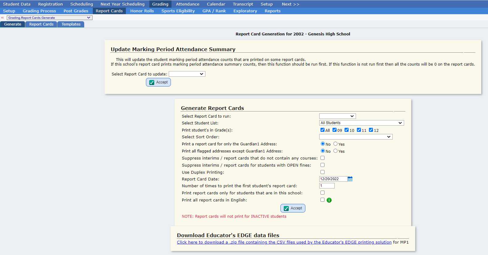 Report Card Screens : Genesis SIS Support