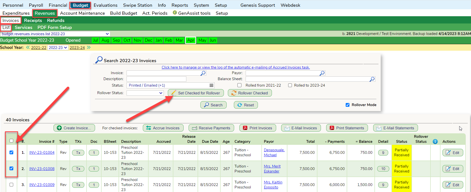 Rolling over Accounts Receivable Invoices : SchoolFi Support