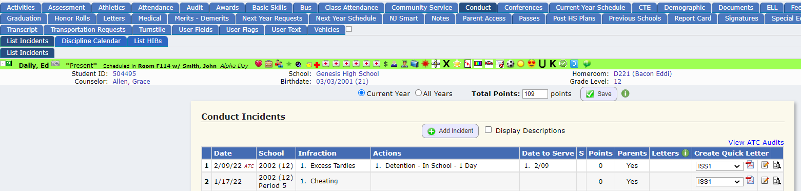 Student Conduct Screen : Genesis SIS Support
