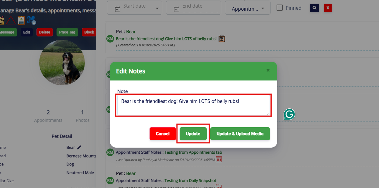Adding a Pet Staff Note : RunLoyal Support