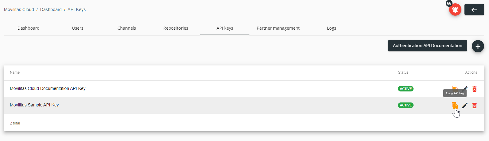 Managing API Keys and Static Token : Movilitas.Cloud Support