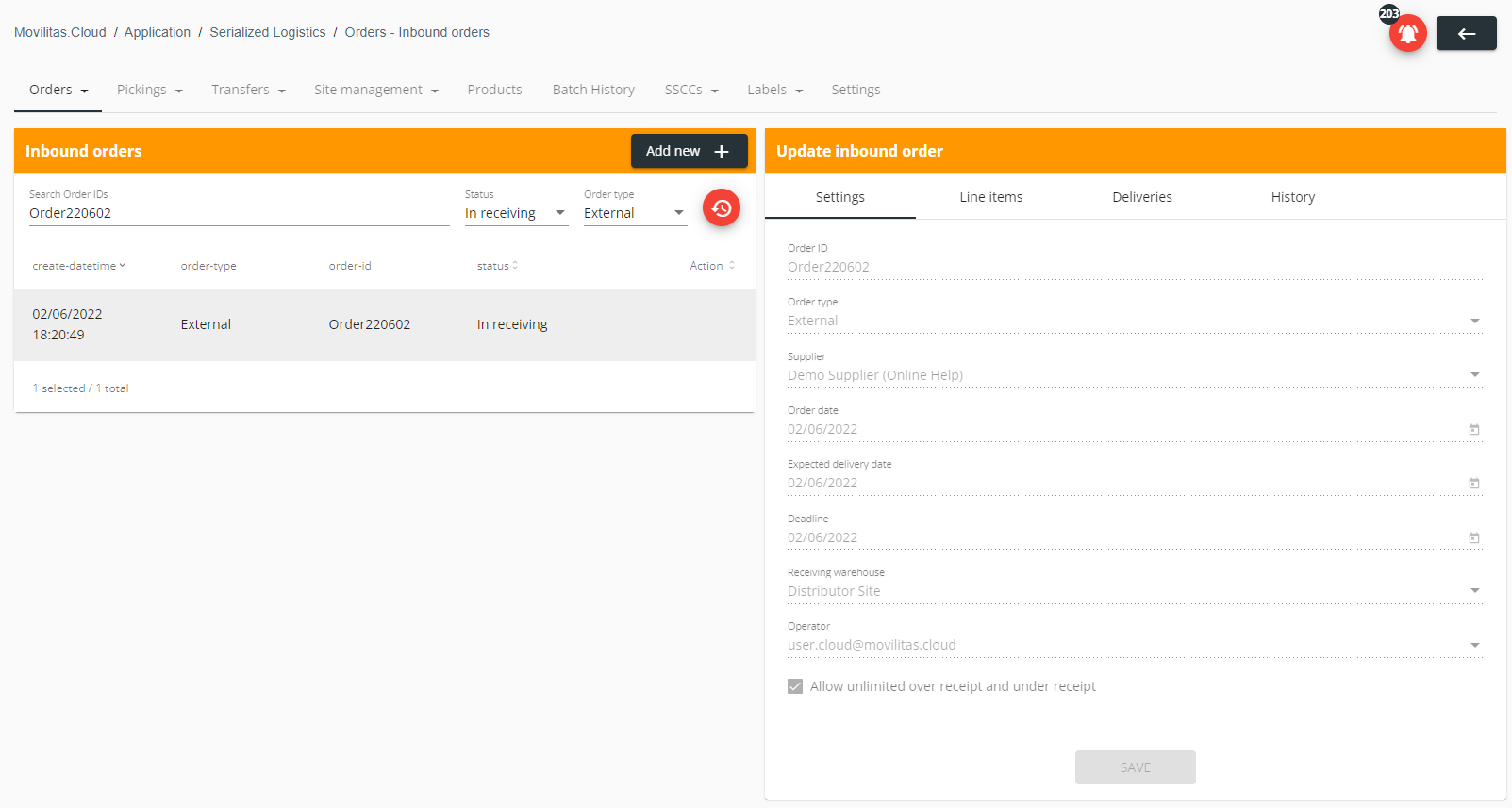 Managing Inbound Orders (Serialized Logistics) : Movilitas.Cloud Support