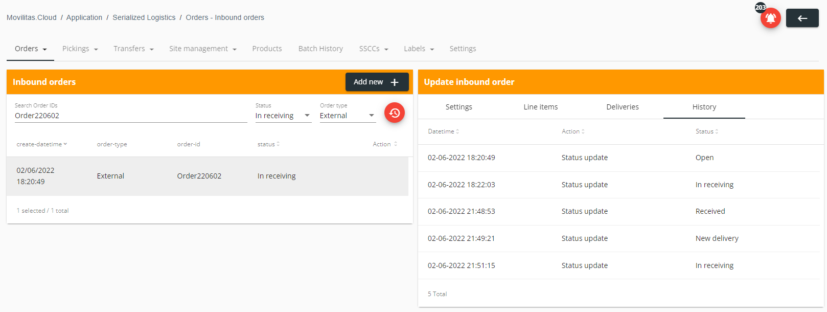 Managing Inbound Orders (Serialized Logistics) : Movilitas.Cloud Support
