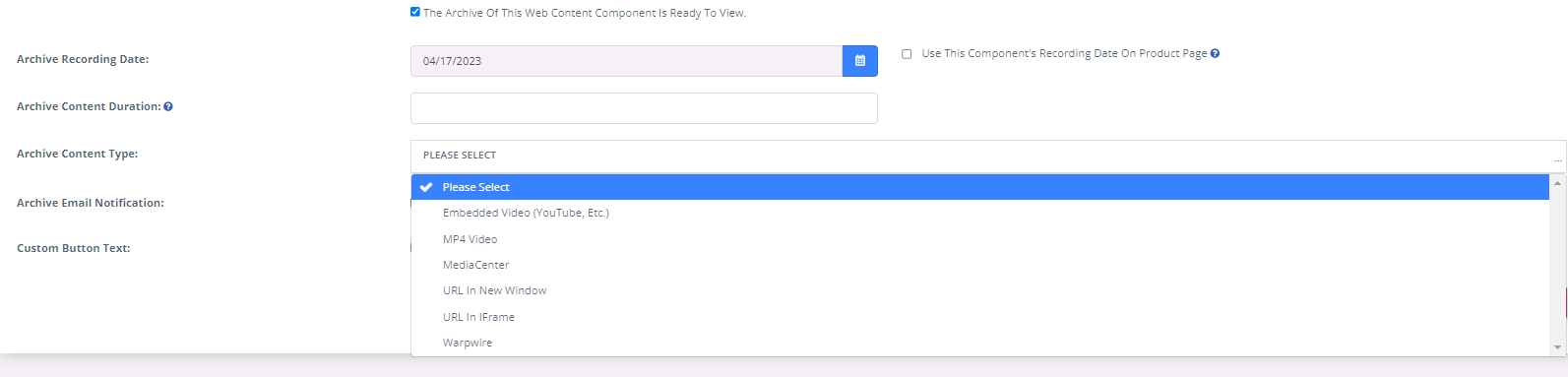 Setting up Live or On-Demand Web Content Component