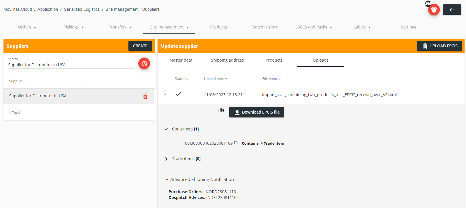 Receive EPCIS File (Serialized Logistics) : Movilitas.Cloud Support