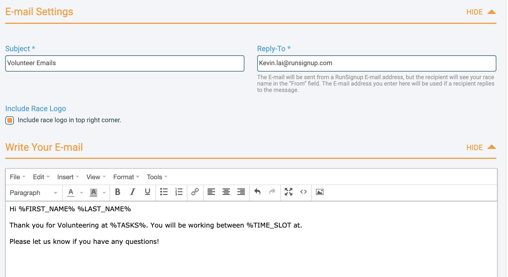 Volunteer Communication/Emails : RunSignup Helpdesk