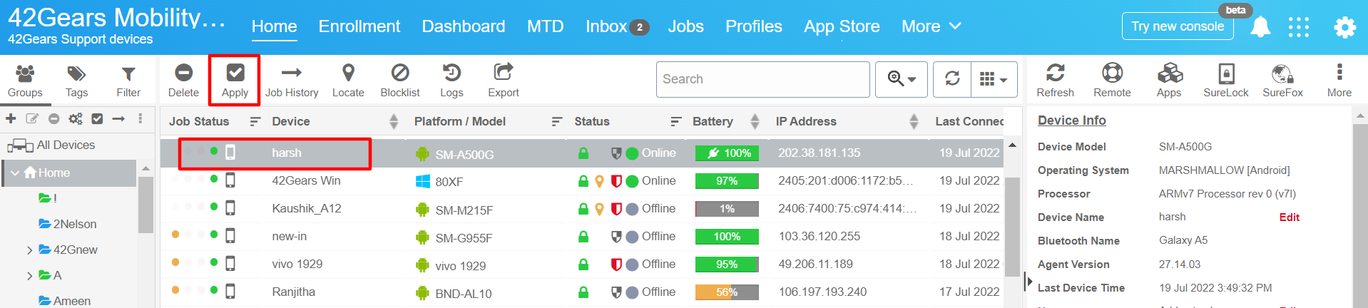 How to use/view a recent job in SureMDM Console? - 42Gears Knowledge Base