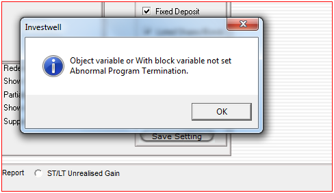 Object variable or With block variable not set (Abnormal Program Termination) : InvestWell Helpdesk