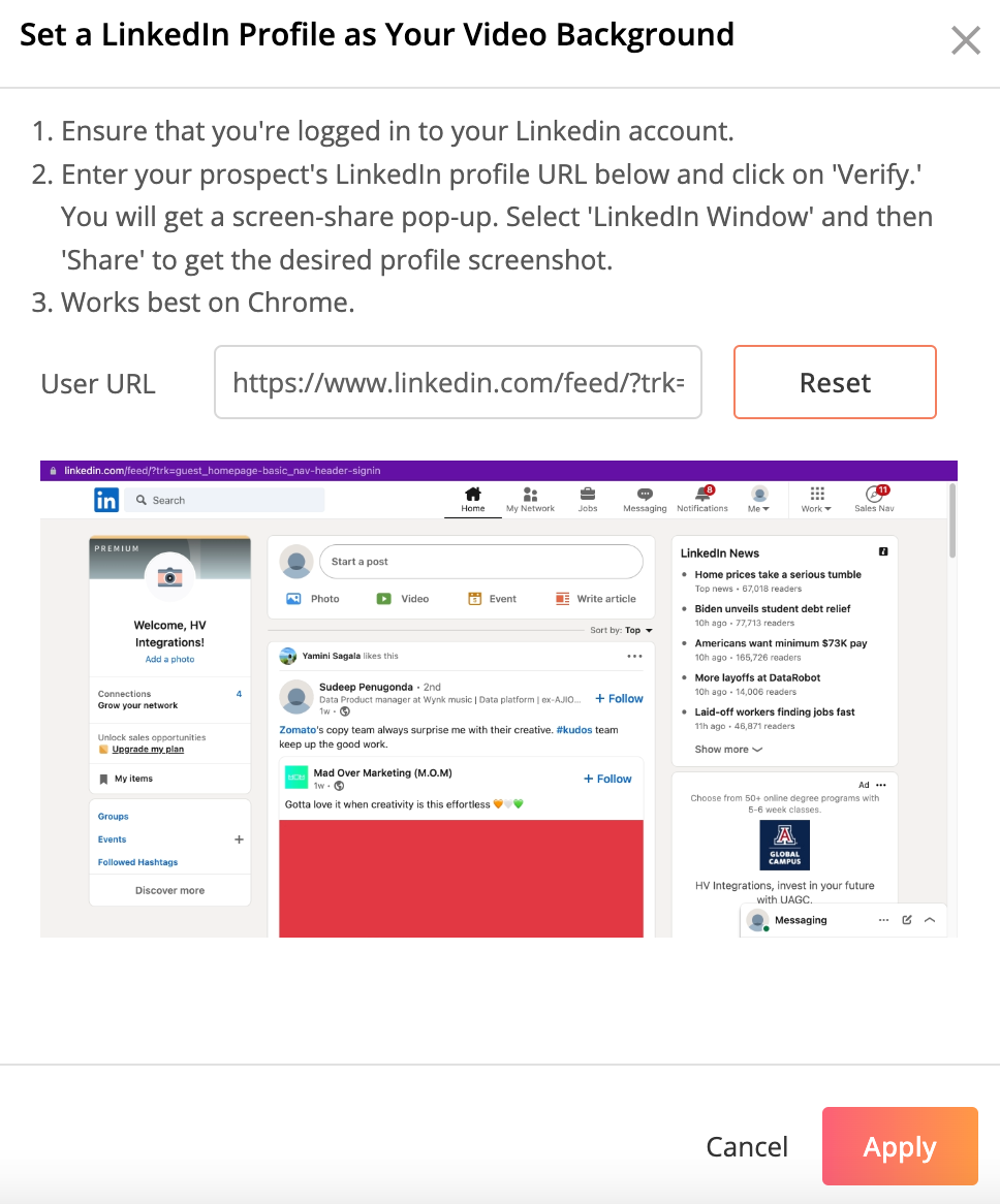 Add LinkedIn screenshots as a virtual background for your videos ...