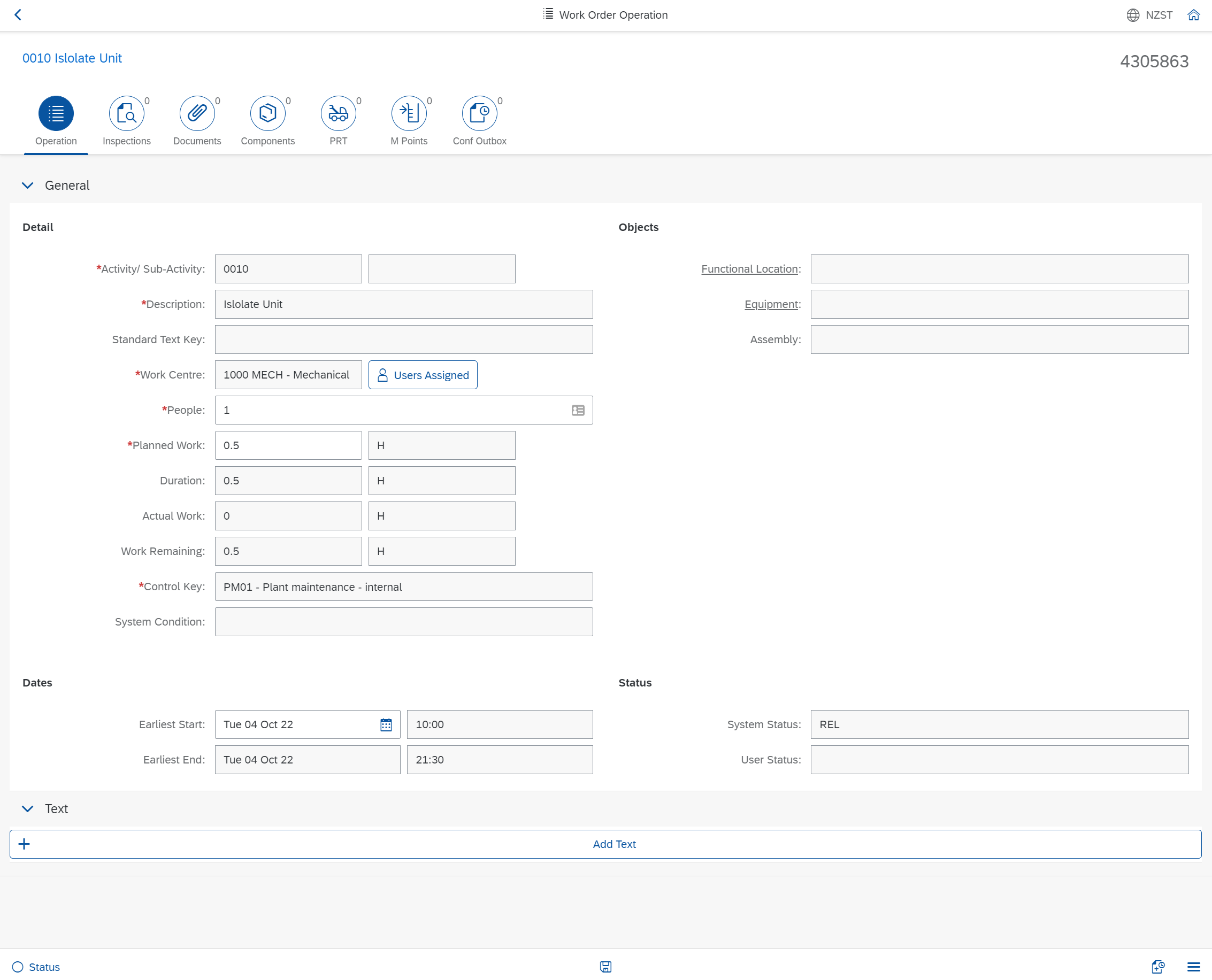 Work Order - Operation Detail Page : BlueWorx