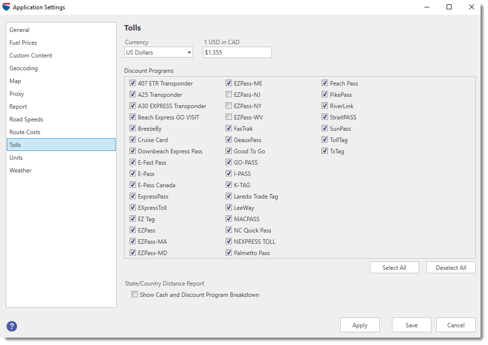 Application settings for tolls : PC*MILER