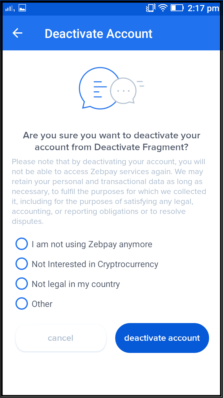 Close / Deactivate your Zebpay account : ZebPay
