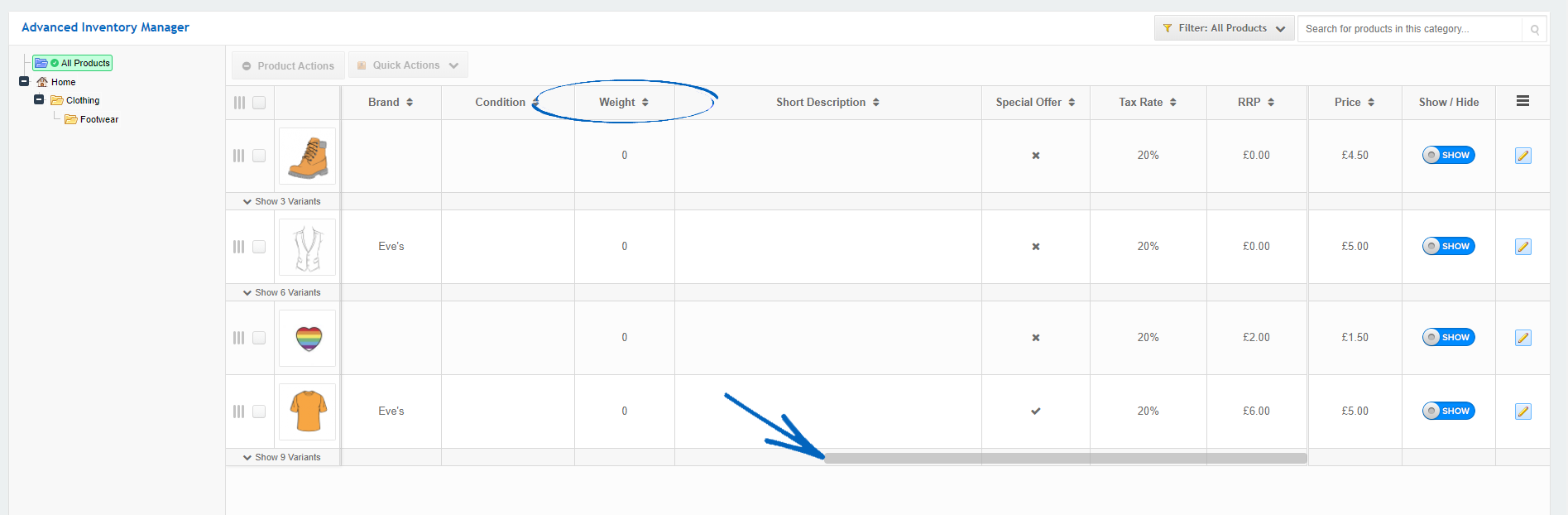 Enable Product Weight : EKM