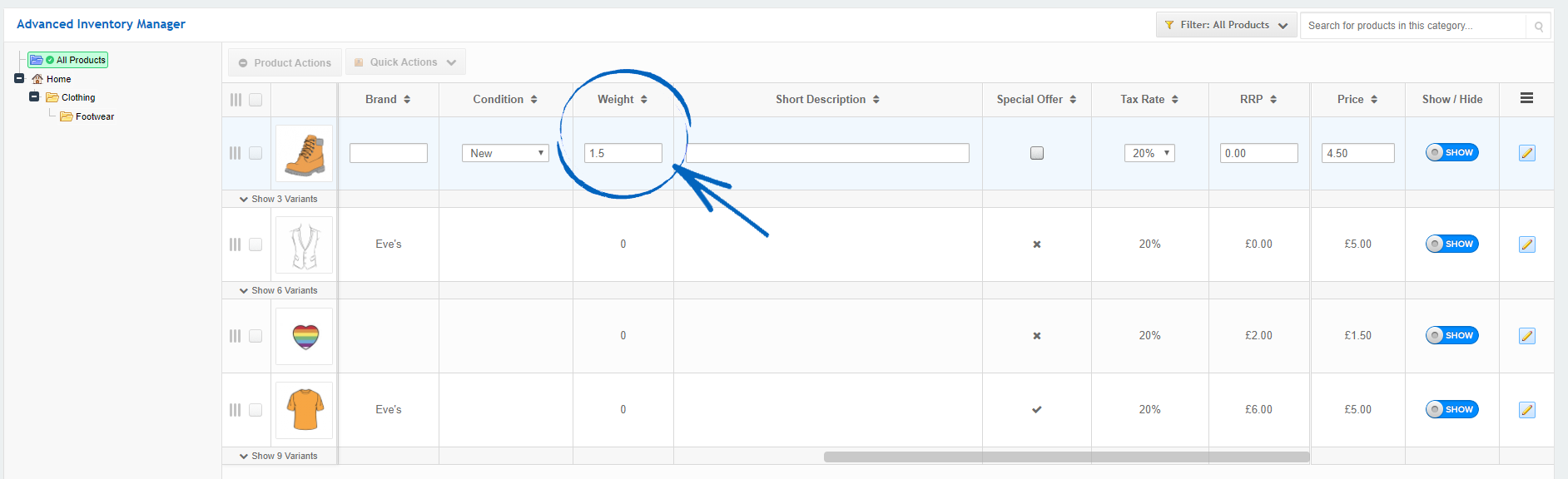 Enable Product Weight : EKM