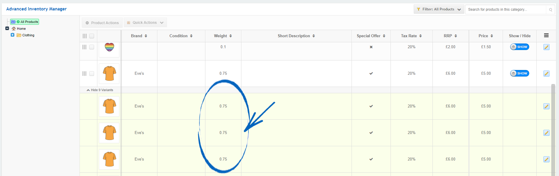 Enable Product Weight : EKM