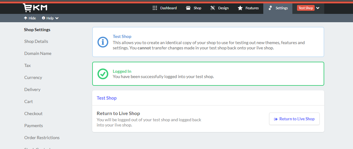 Using your Test Shop : EKM