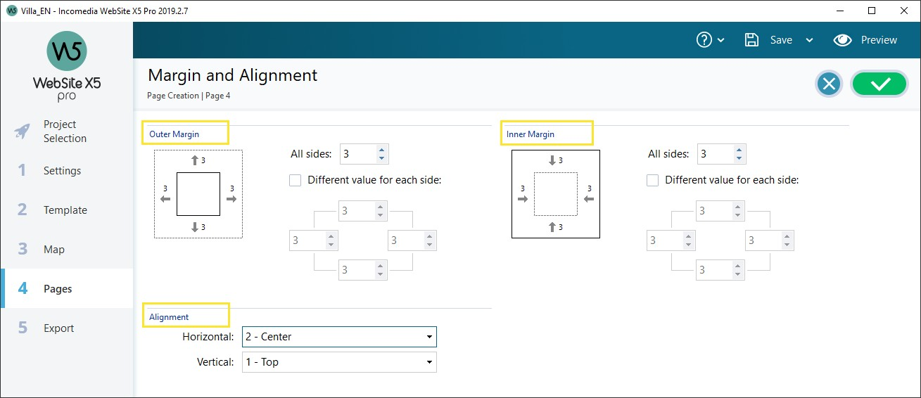 How to manage the margins and the alignment of an Object : WebSite X5 Guide