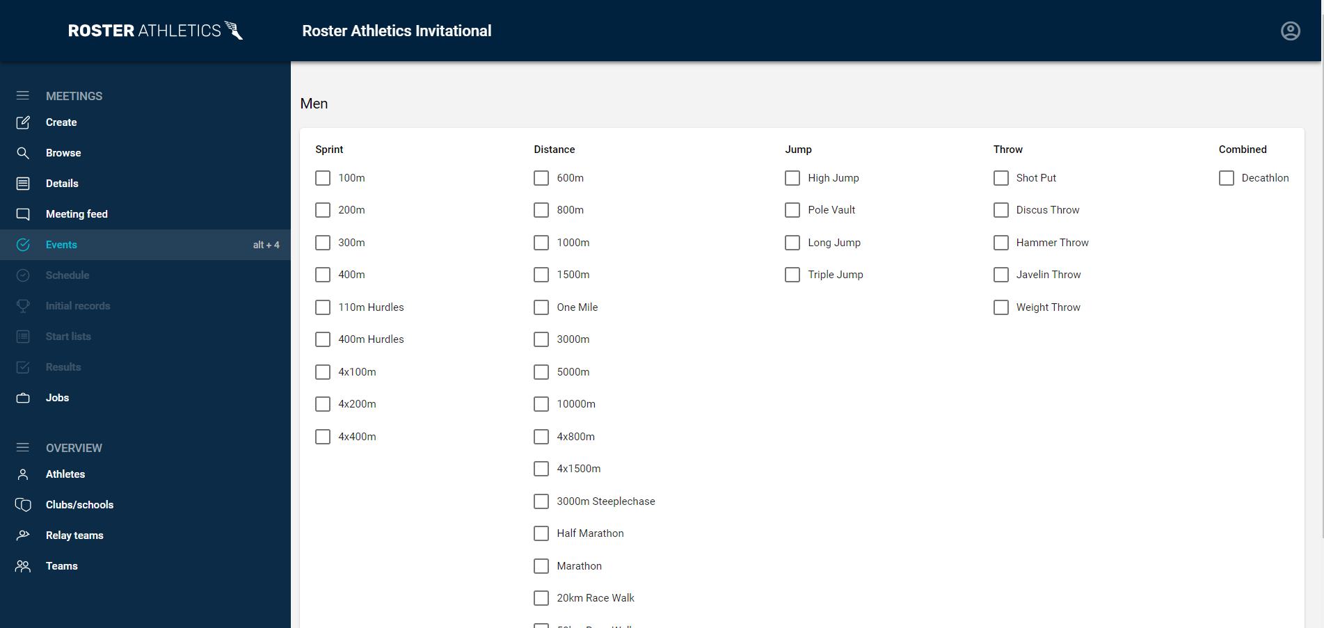 Choose events : Roster Athletics