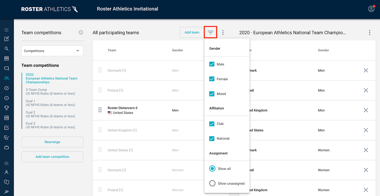 Set up a team competition : Roster Athletics