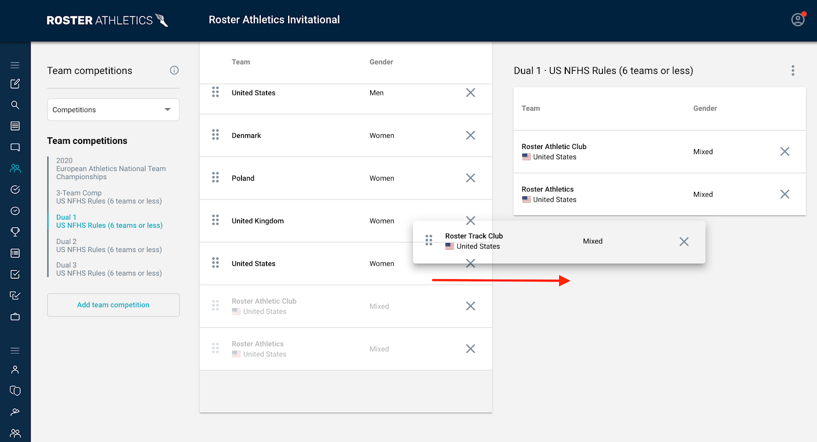 Set up a team competition : Roster Athletics