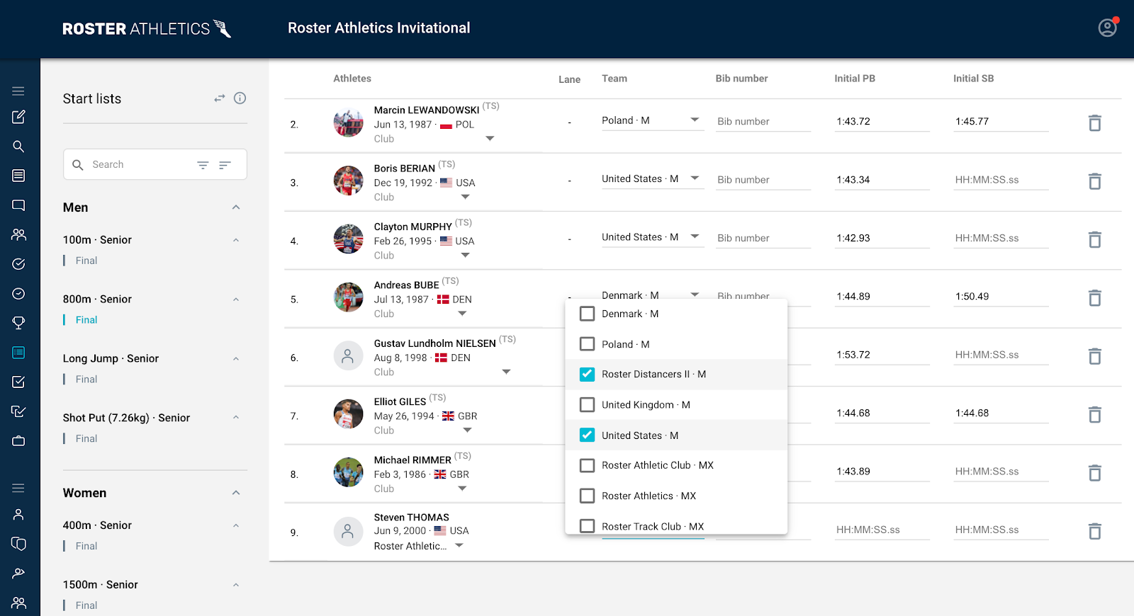 Set up a team competition : Roster Athletics