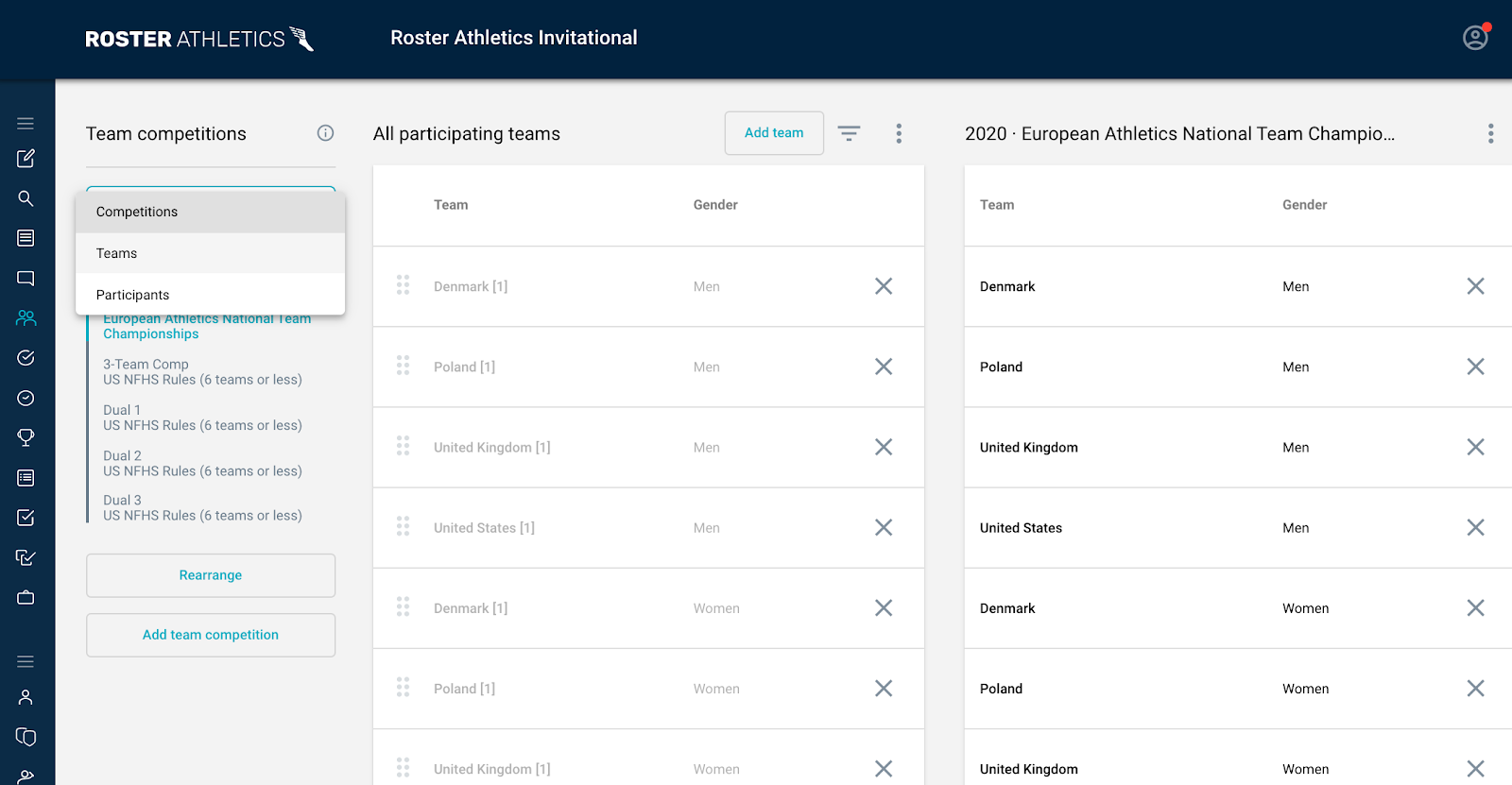 Set up a team competition : Roster Athletics