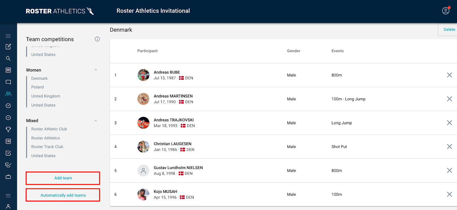 Set up a team competition : Roster Athletics