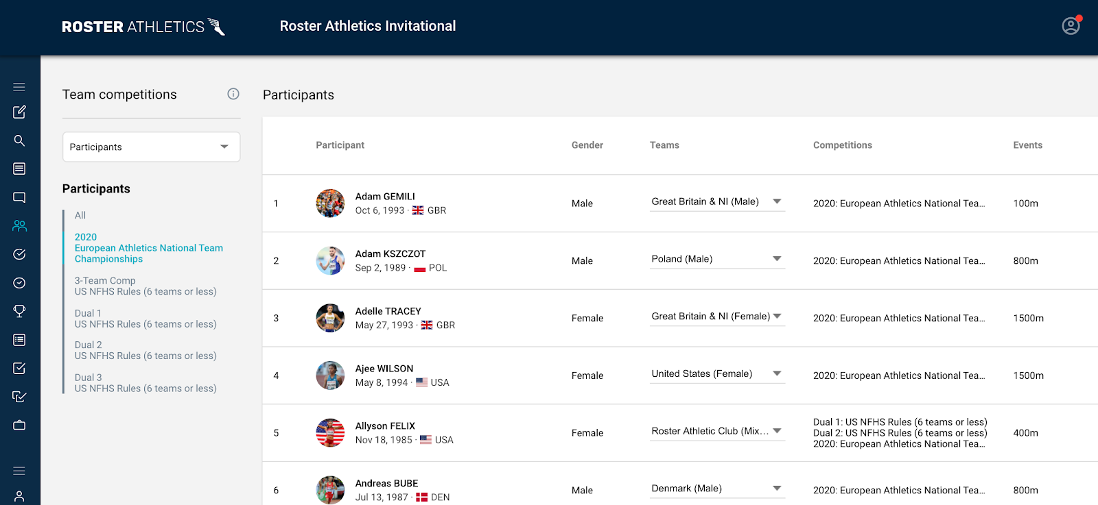 Set up a team competition : Roster Athletics