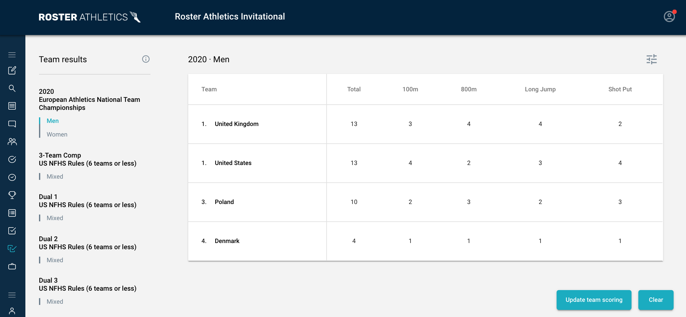 Set up a team competition : Roster Athletics
