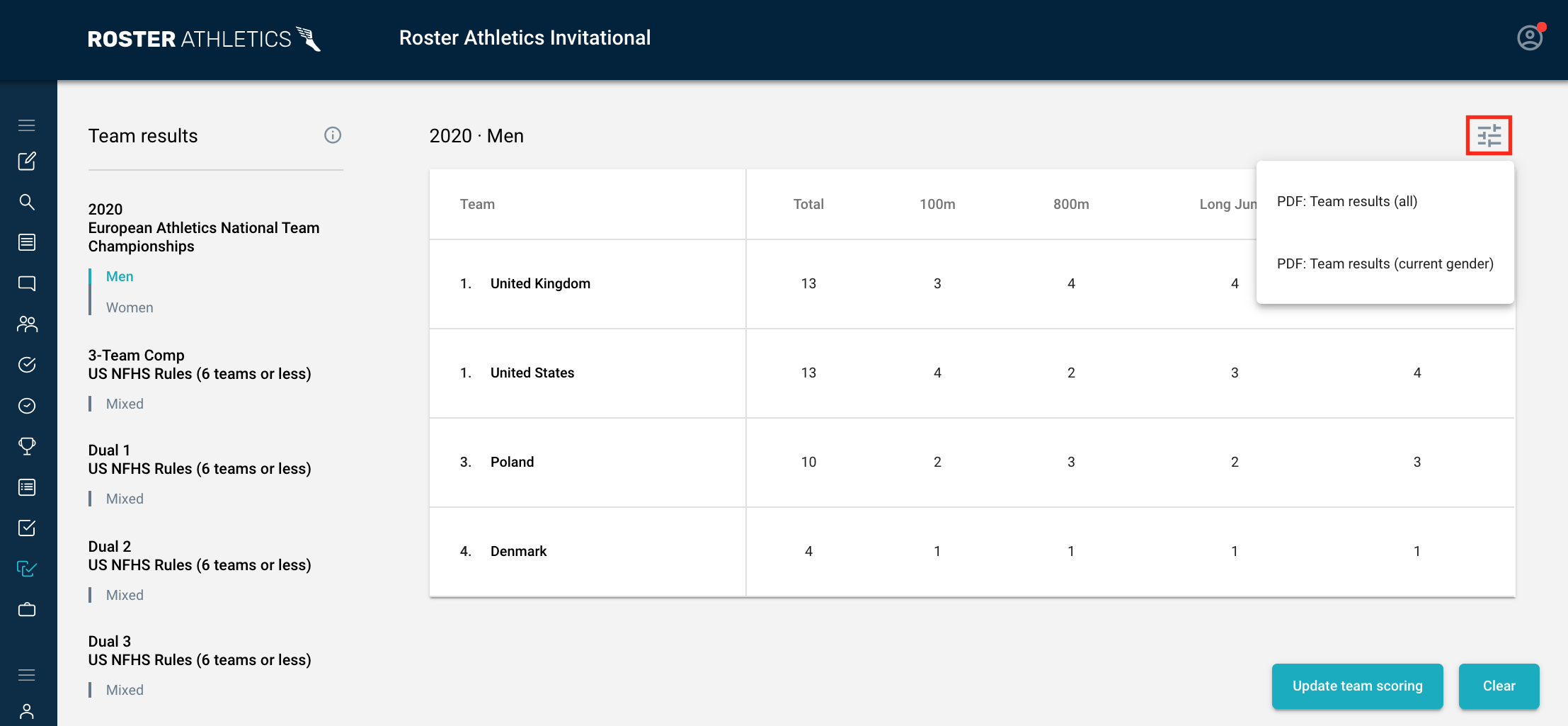 Set up a team competition : Roster Athletics