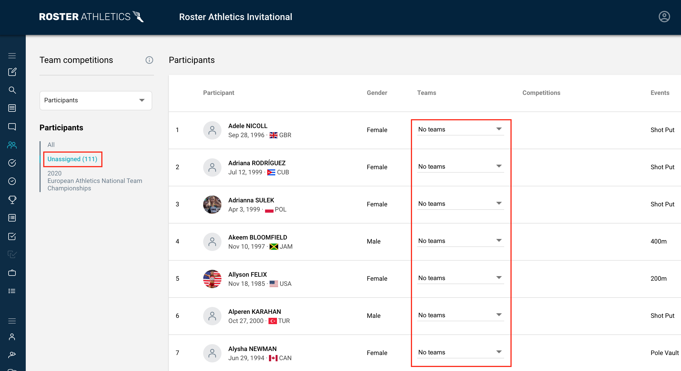 Set up a team competition : Roster Athletics
