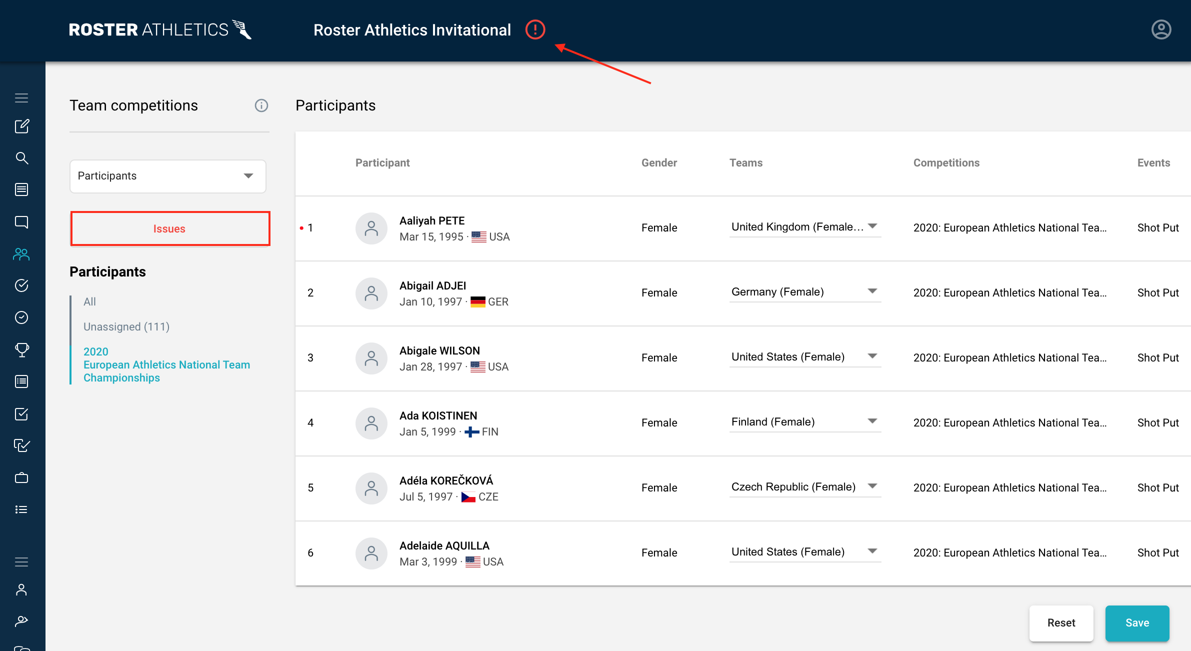Set up a team competition : Roster Athletics