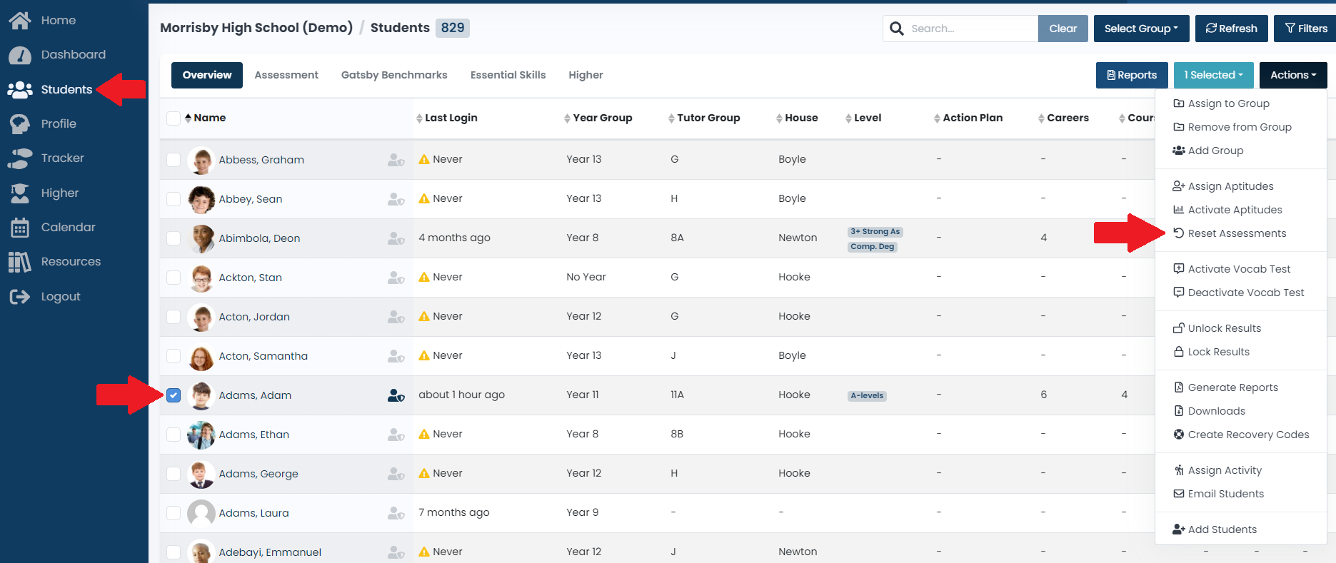 How to reset a student's aptitude assessments : Morrisby