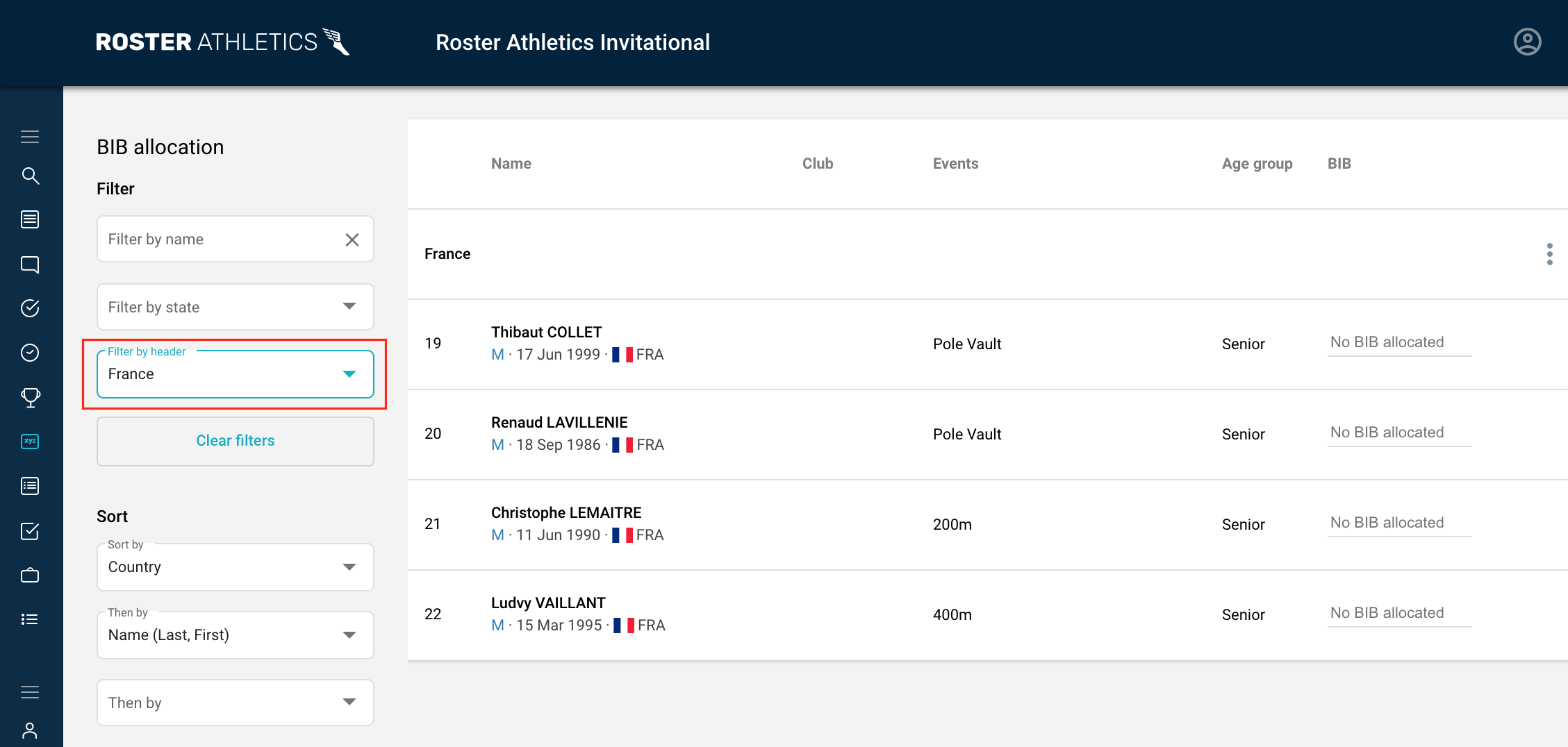 BIB Allocation : Roster Athletics