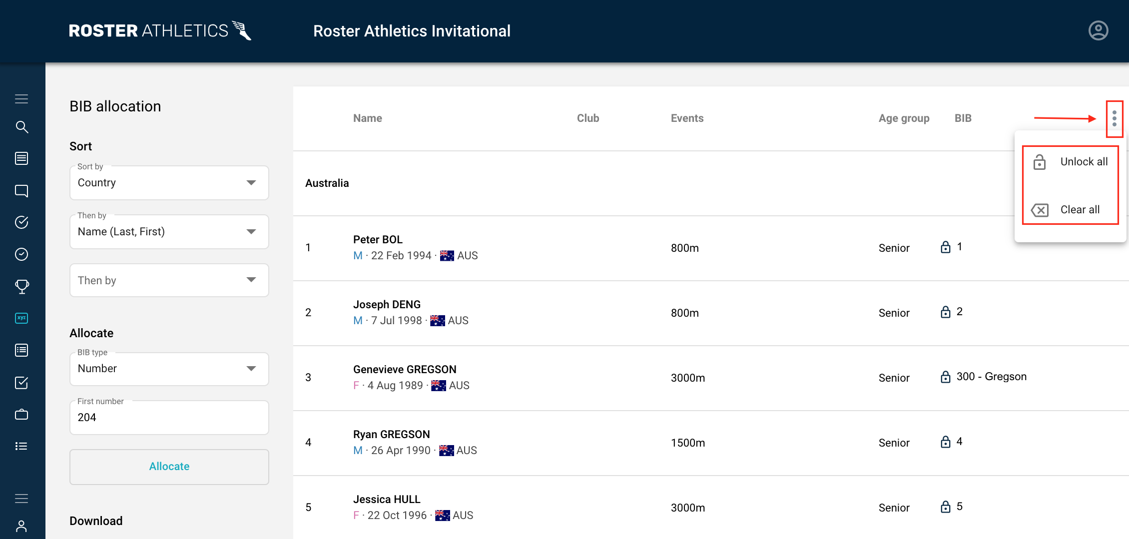BIB Allocation : Roster Athletics