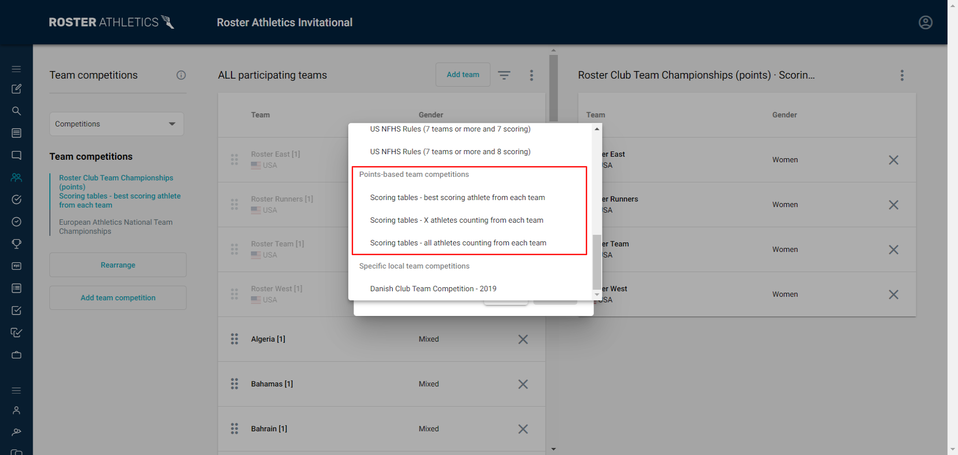Using points scoring tables for team competitions : Roster Athletics