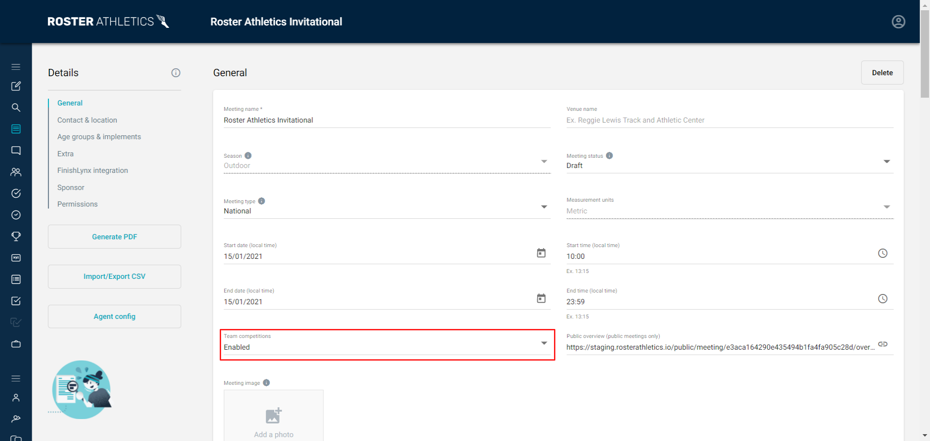 Set up a team competition : Roster Athletics