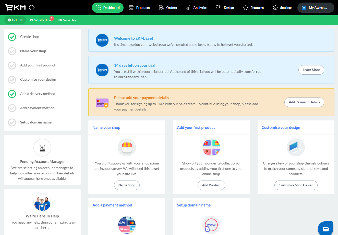 Your EKM online shop Dashboard : EKM