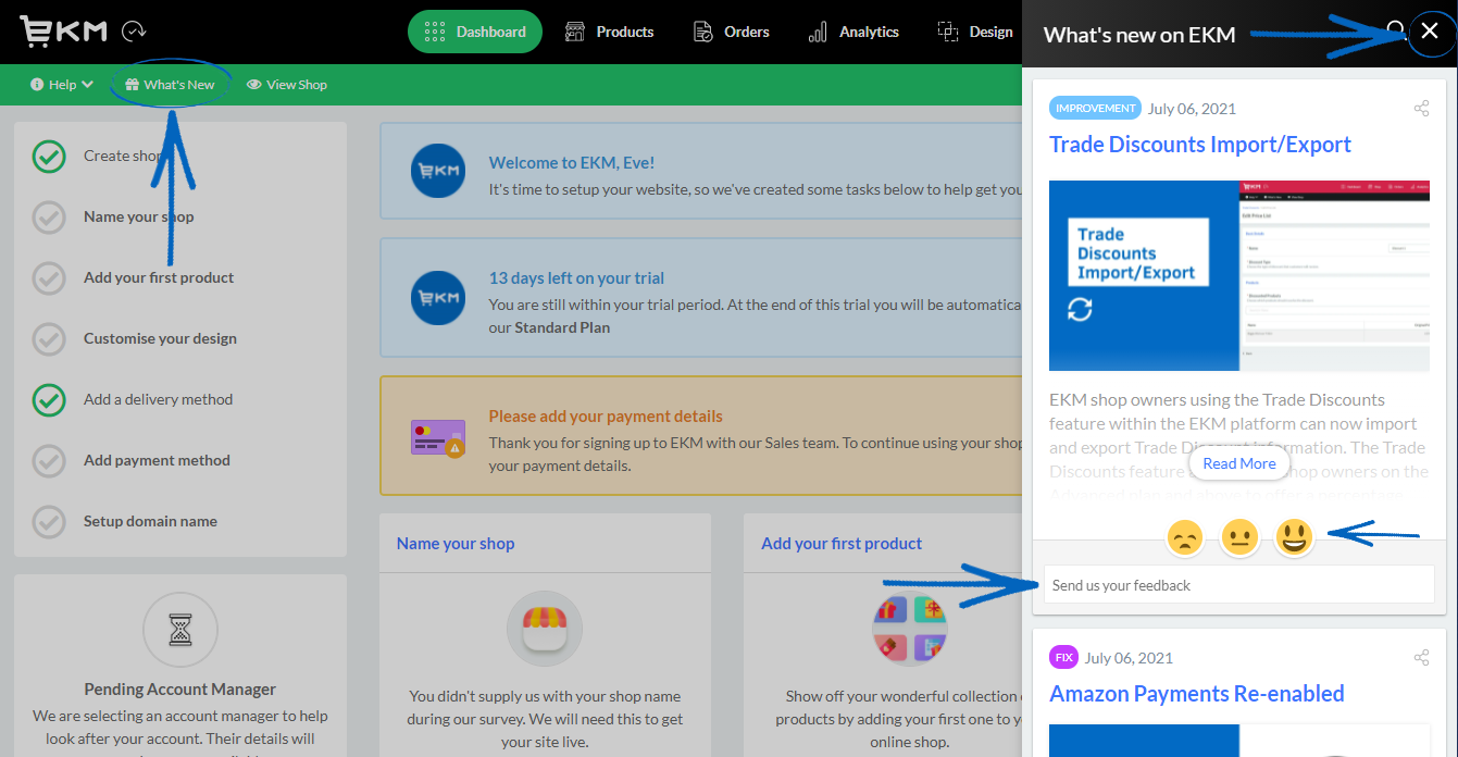 Your EKM online shop Dashboard : EKM