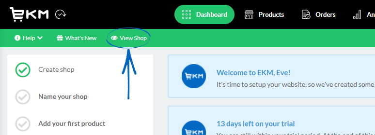 Your EKM online shop Dashboard : EKM