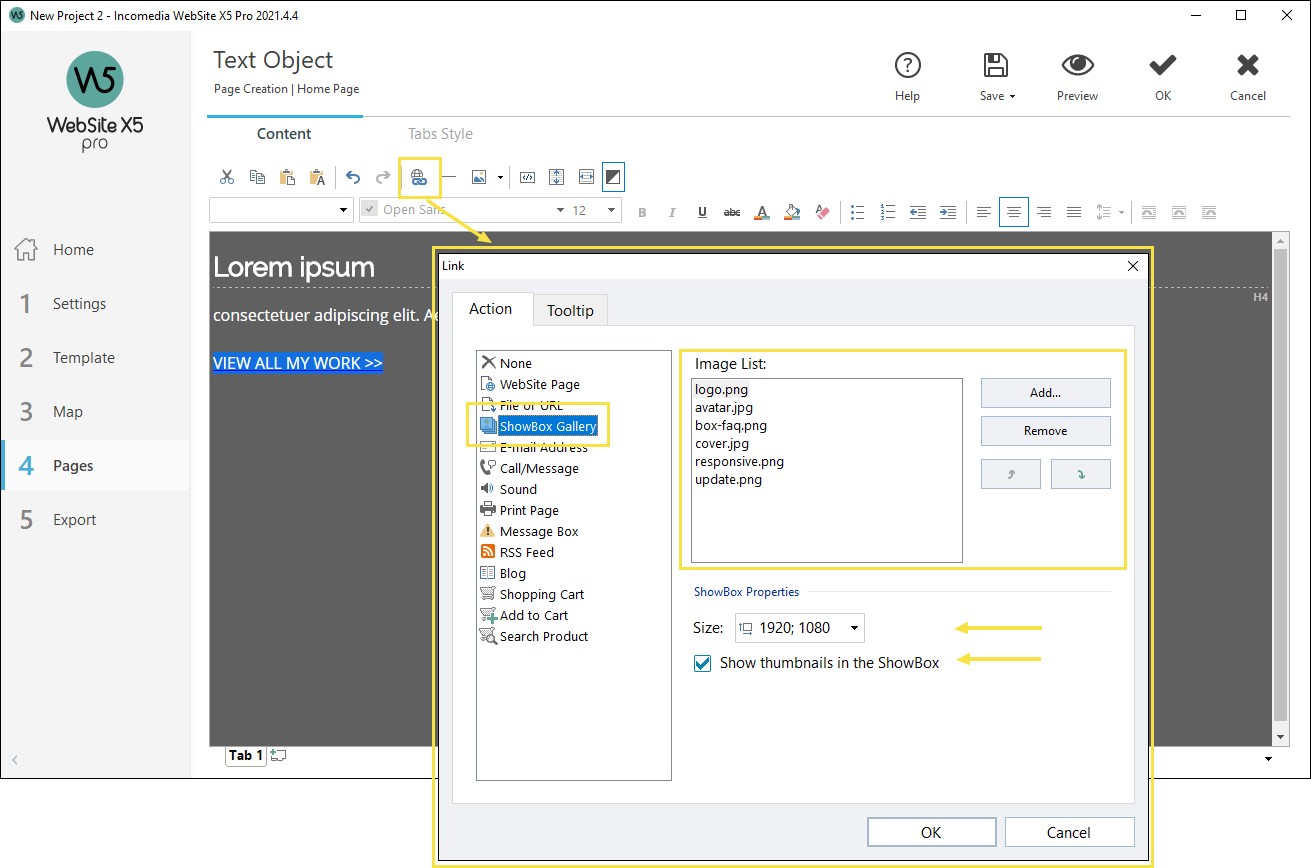 How to set a link to open an image gallery on a ShowBox window ...