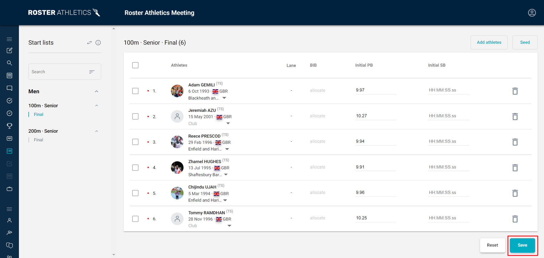 Create start lists : Roster Athletics