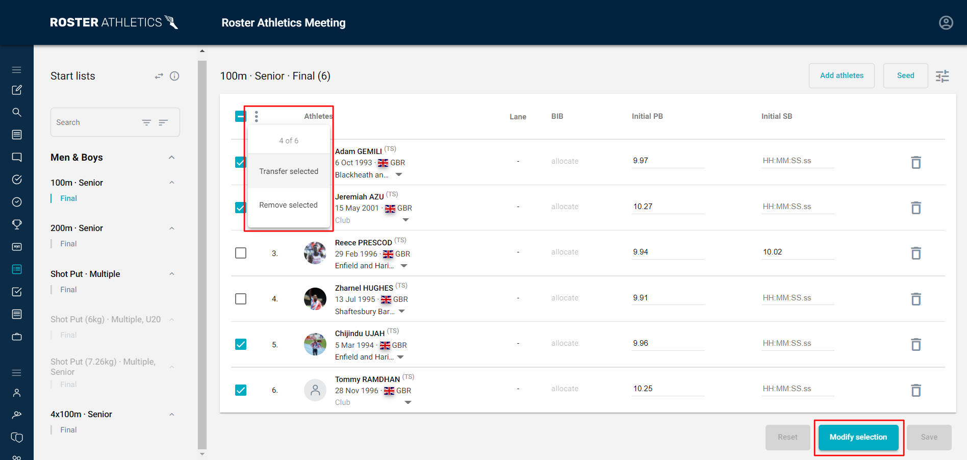 Create start lists : Roster Athletics