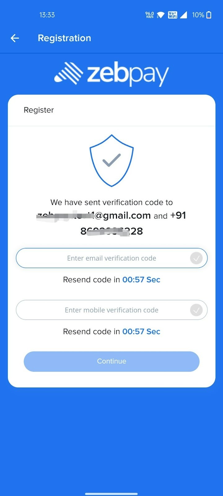 Signing up with us (India) : ZebPay