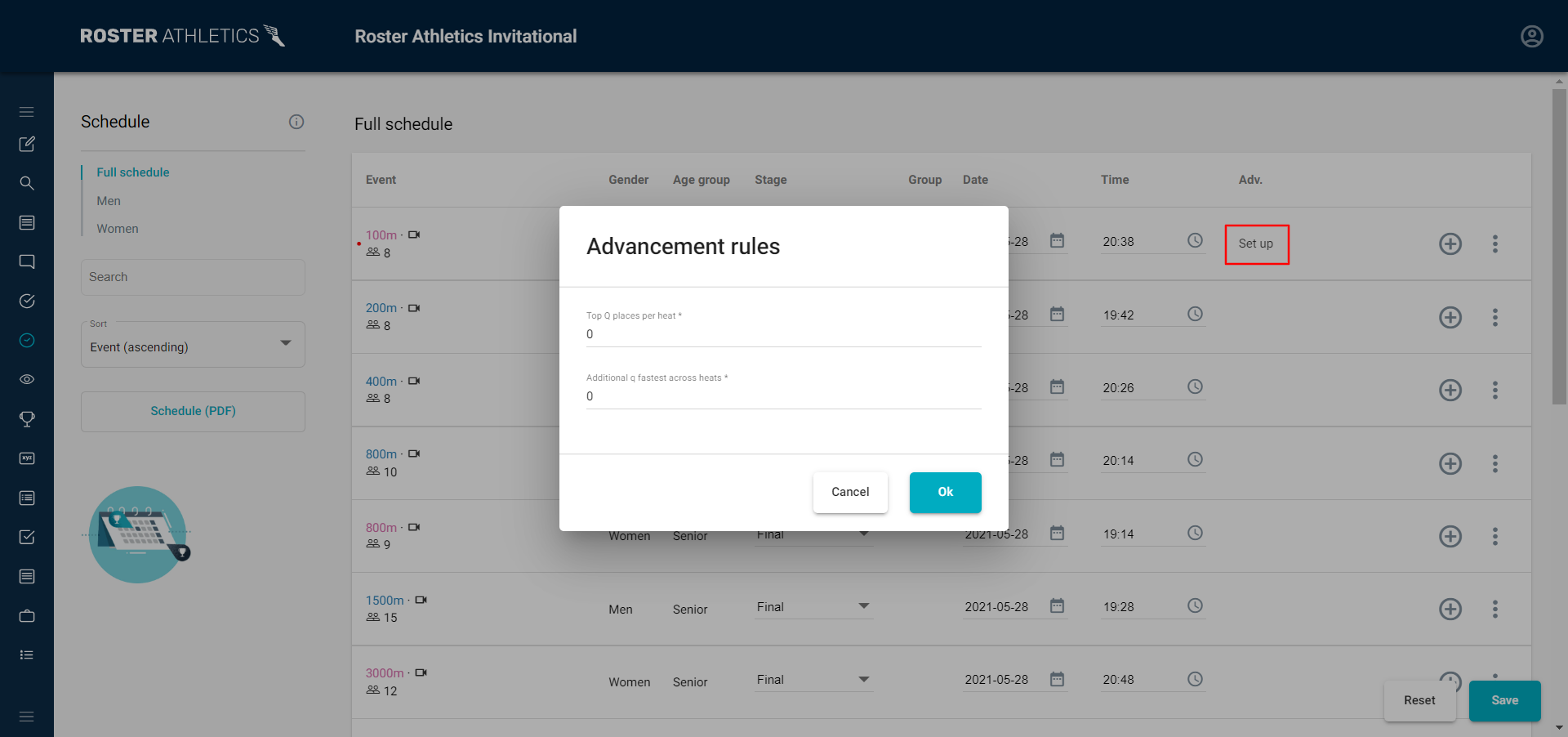 Set schedule : Roster Athletics